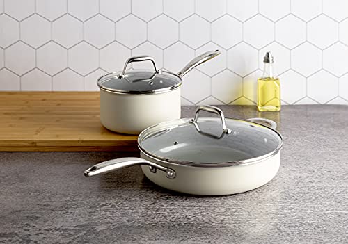 Goodful Ceramic Nonstick Cooking Set, Titanium-Reinforced Premium Non-Stick Coating, Dishwasher Safe Pots and Pans, Tempered Glass Steam Vented Lids, Stainless Steel Handles, 12-Piece, Cream