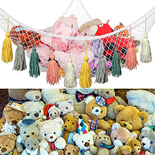 KOHUIJOO Stuffed Animal Hammock, Jumbo Stuffed Animal Net Corner Wall Hanging Toy Hammock with Tassels Kids Macrame Stuff Animals Organizer Storage Boho Mesh Toy Net Holder for Stuff Animals