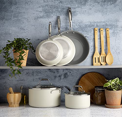 Goodful Ceramic Nonstick Cooking Set, Titanium-Reinforced Premium Non-Stick Coating, Dishwasher Safe Pots and Pans, Tempered Glass Steam Vented Lids, Stainless Steel Handles, 12-Piece, Cream