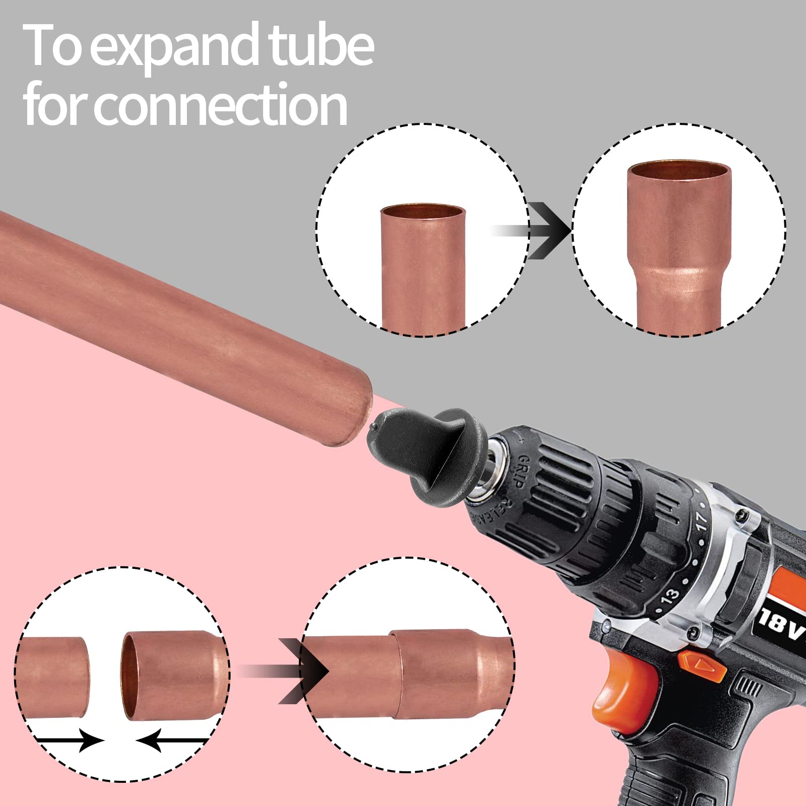 Zorveiio 5 Pcs Swaging Tool Drill Bit Set Swaging Tool Drill Bits, Copper Tube Expander Flaring Tool for Copper Tubing, HVAC Repair Kit with 3/4'' 5/8'' 1/2'' 3/8'' 1/4'' Bits - Hex Handle