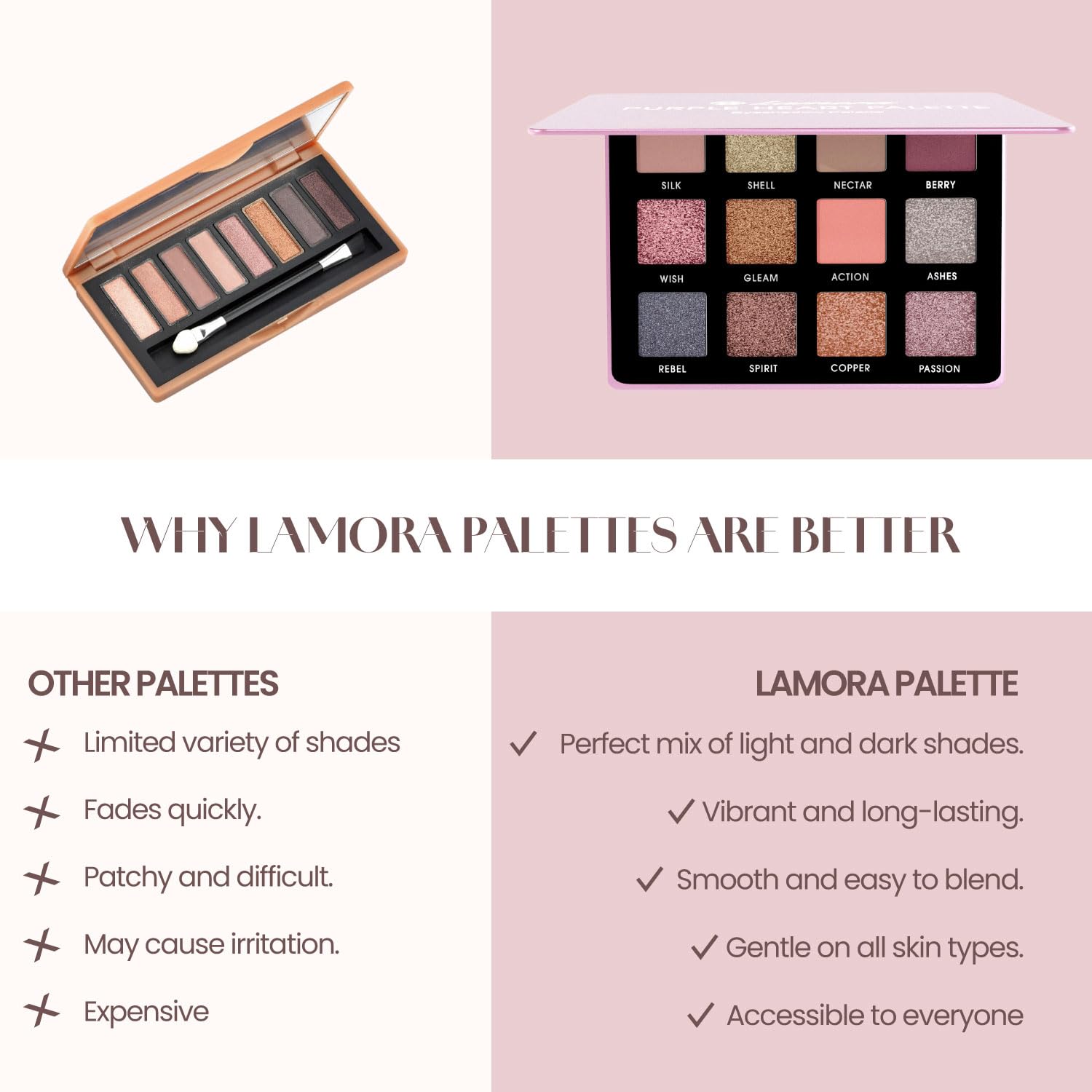Lamora Nude Pink Eyeshadow Palette - 12 Rose Highly Pigmented Shimmer & Matte Shades - Travel Size Makeup Palette with Mirror