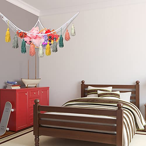 KOHUIJOO Stuffed Animal Hammock, Jumbo Stuffed Animal Net Corner Wall Hanging Toy Hammock with Tassels Kids Macrame Stuff Animals Organizer Storage Boho Mesh Toy Net Holder for Stuff Animals
