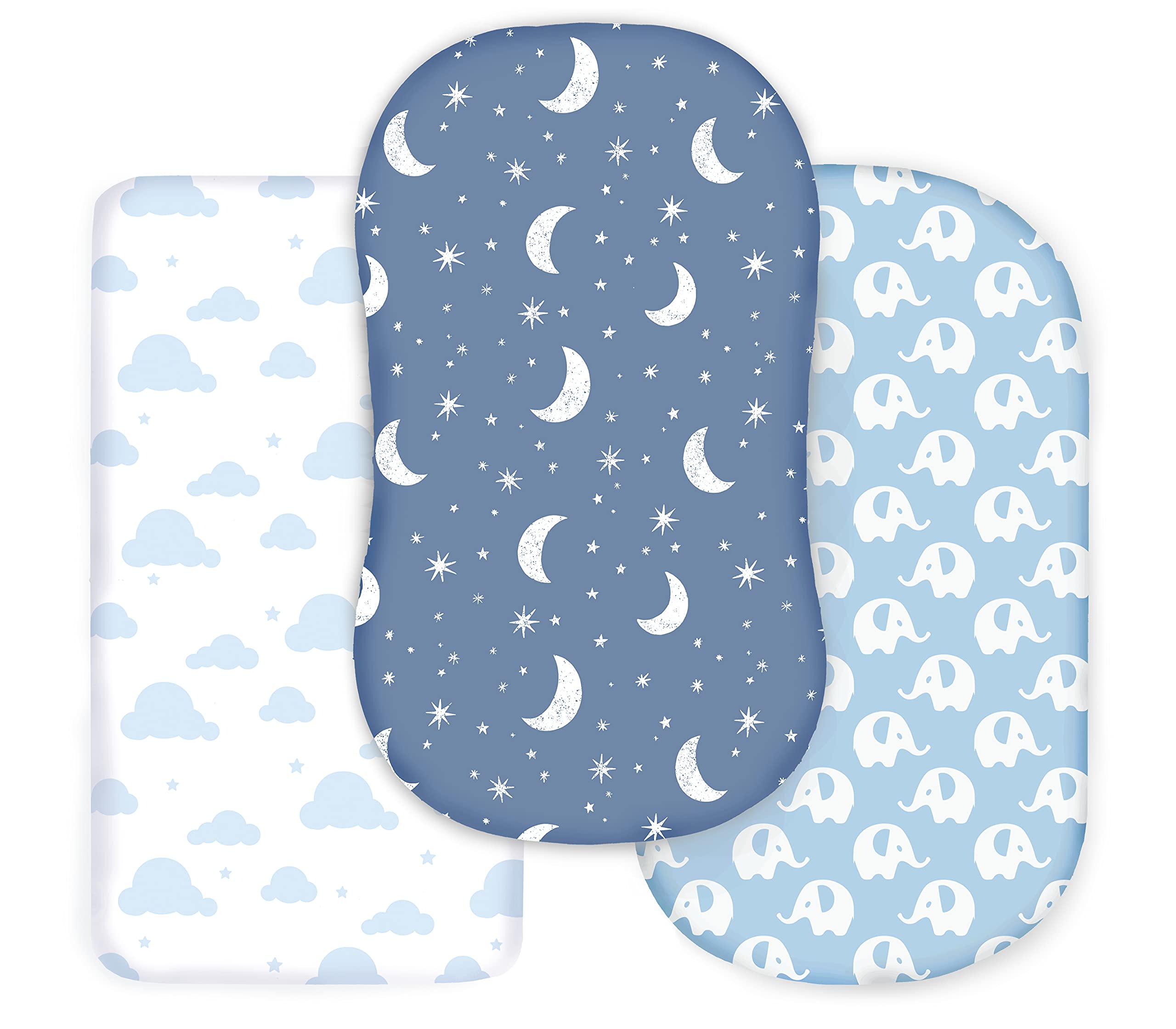 Cambria Baby 100% Organic Cotton Jersey Fitted Bassinet Sheets for Boy. 3 Pk Adapts to Oval, Hourglass & Rectangle Shaped Bassinet Pads. Fits Halo, Snoo, Graco, and Most other Standard Size Bassinets.