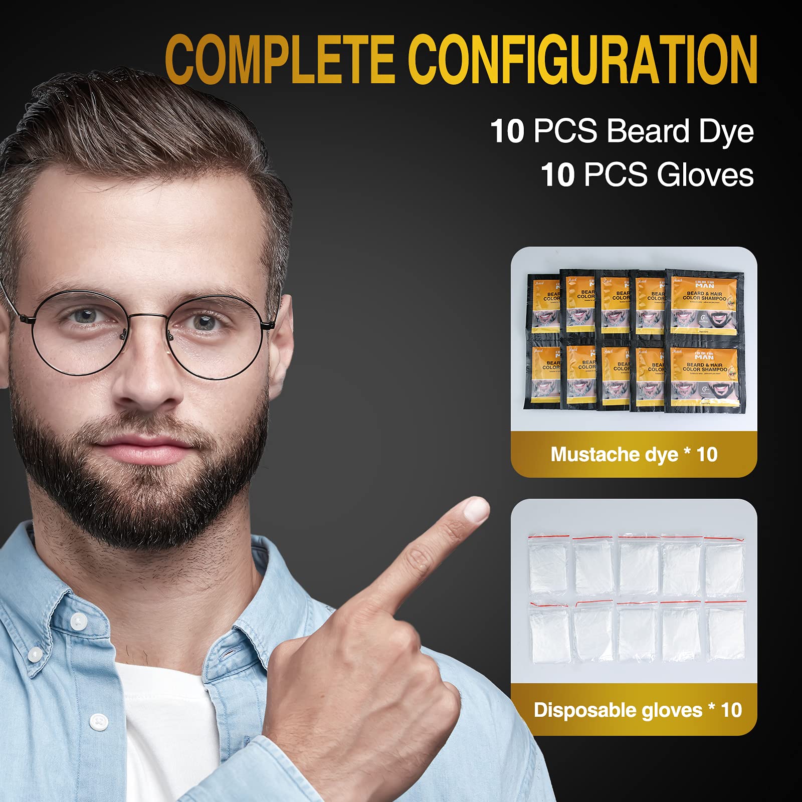 Black Beard Dye for Men - Instant Coloring, Darkening Sideburns, Mustache, and Facial Hair Grooming (10 Pack)