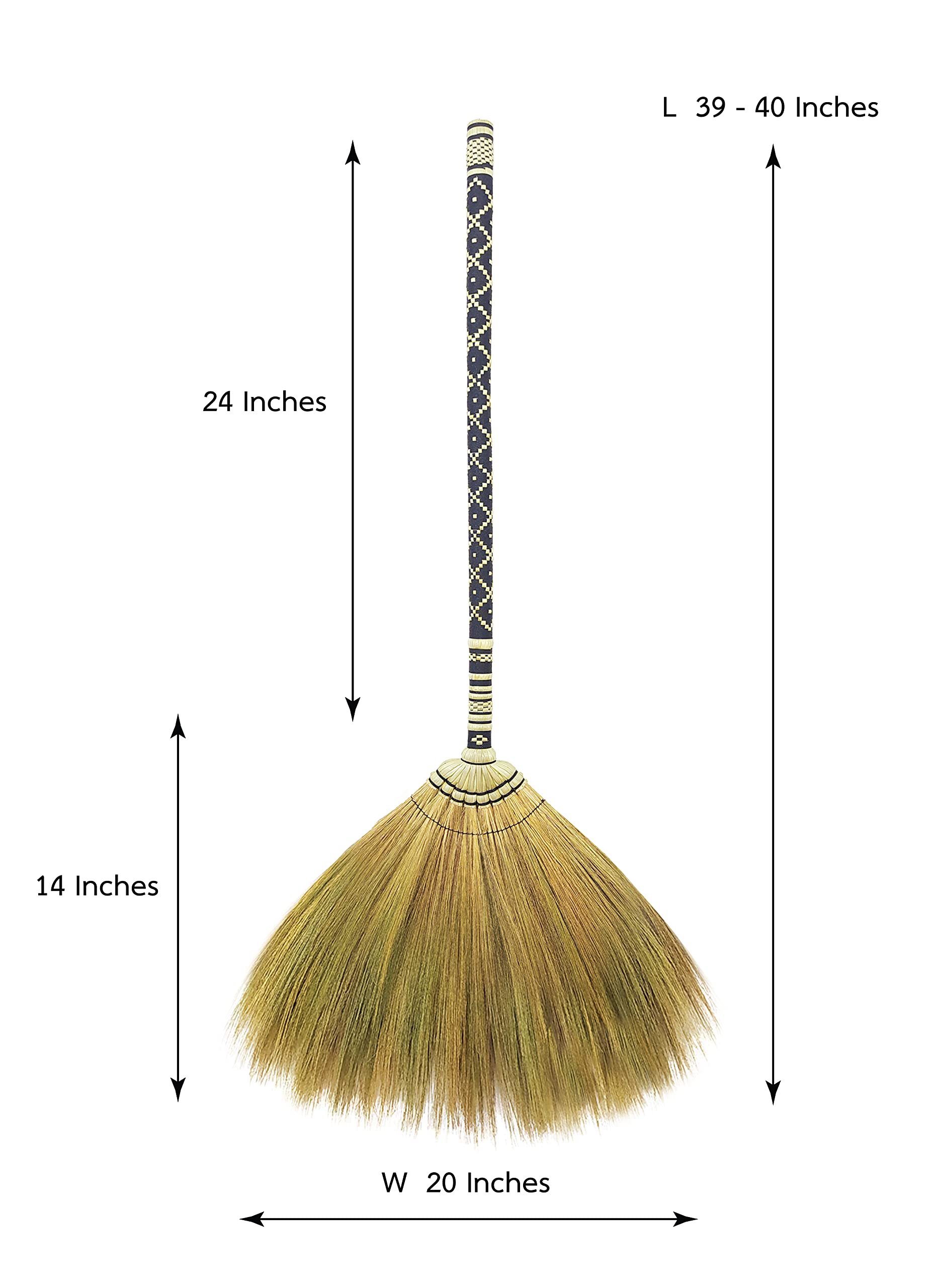 Natural Grass Thai Broom Indoor Outdoor, Vintage Retro Embroidered Woven Nylon,Handmade Broom,Housewarming Gift Witch Broom, Broomstick Bamboo Stick Handle,Kong Grass Broom,Durable Broom(Black)