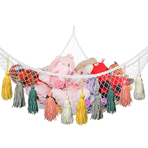 KOHUIJOO Stuffed Animal Hammock, Jumbo Stuffed Animal Net Corner Wall Hanging Toy Hammock with Tassels Kids Macrame Stuff Animals Organizer Storage Boho Mesh Toy Net Holder for Stuff Animals