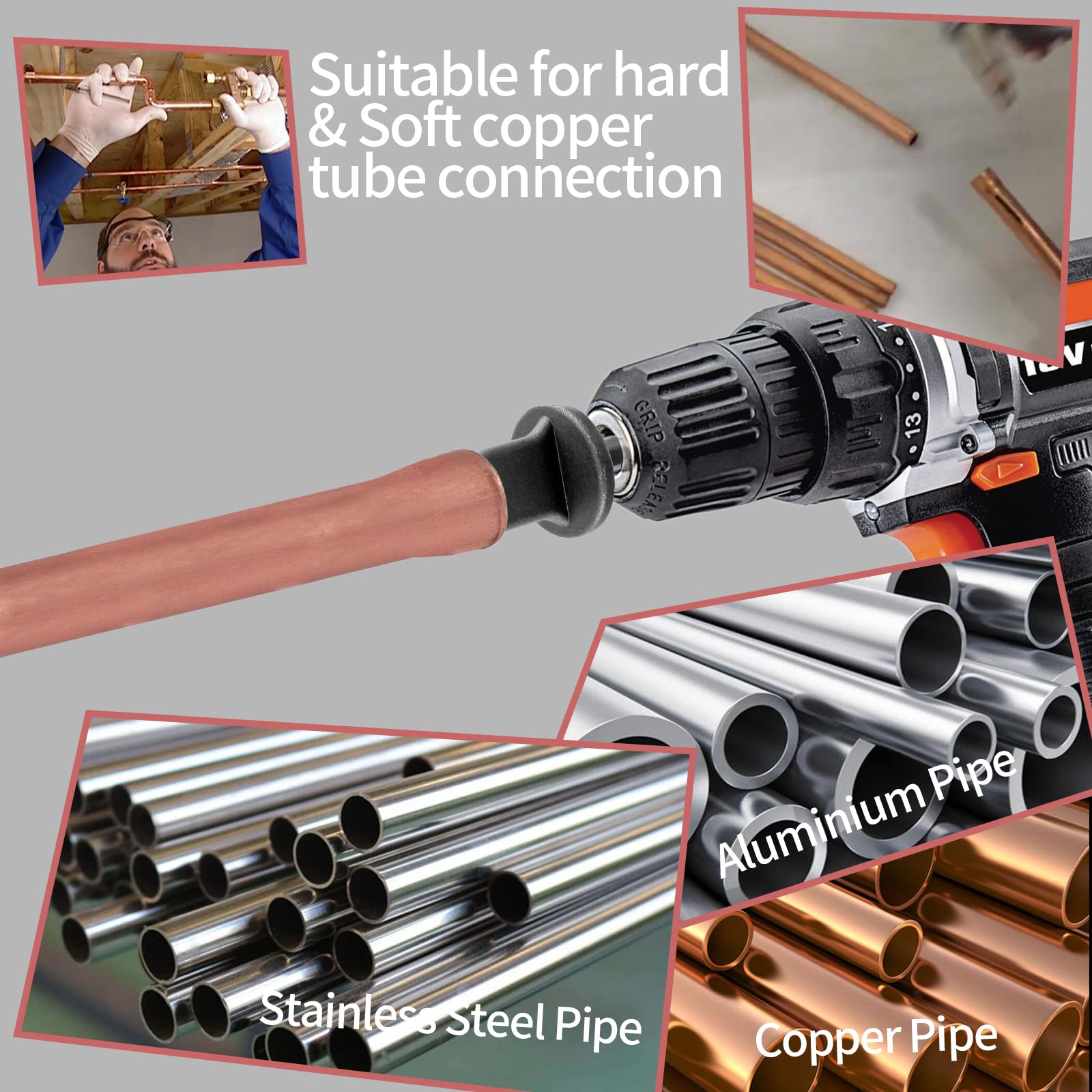 Zorveiio 5 Pcs Swaging Tool Drill Bit Set Swaging Tool Drill Bits, Copper Tube Expander Flaring Tool for Copper Tubing, HVAC Repair Kit with 3/4'' 5/8'' 1/2'' 3/8'' 1/4'' Bits - Hex Handle