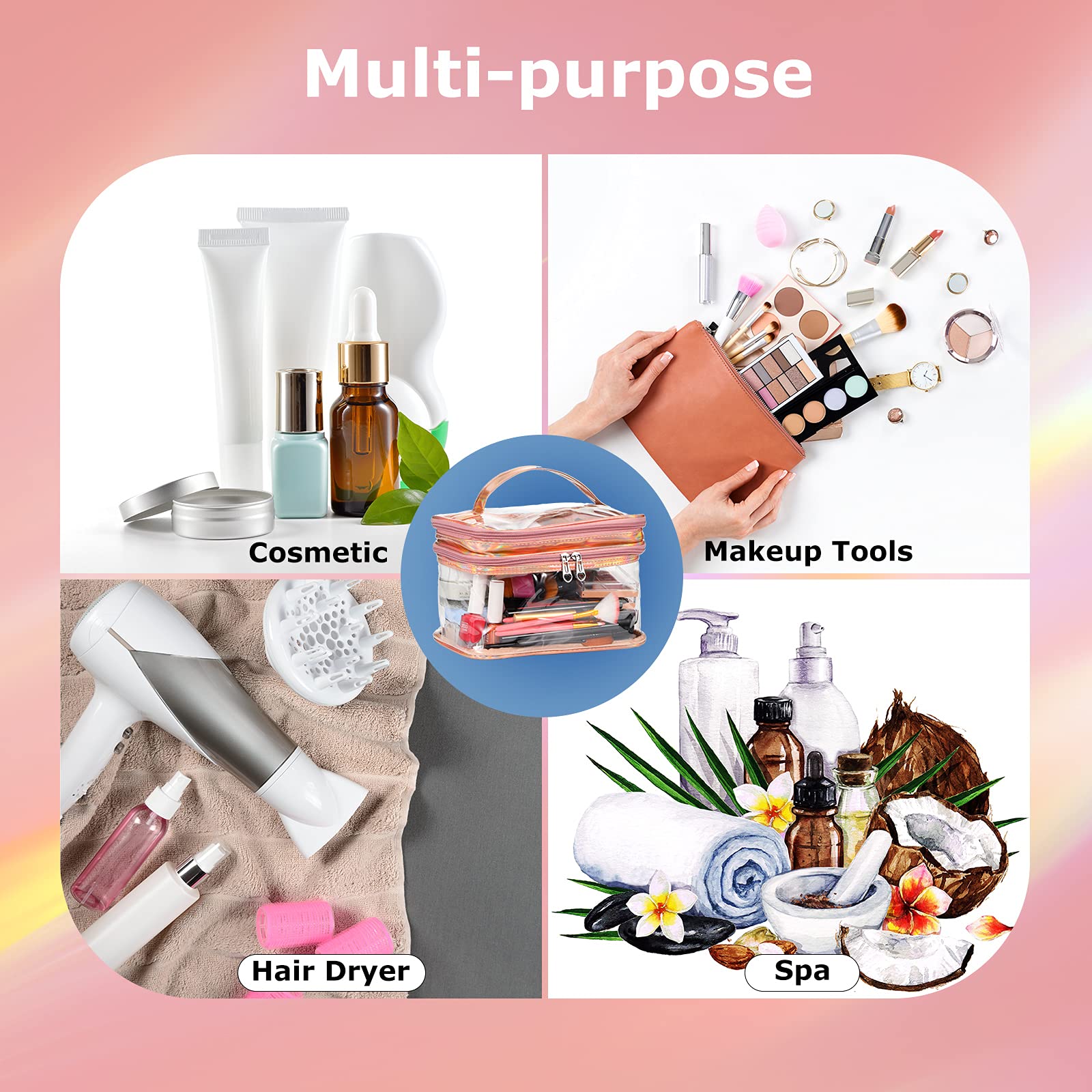 Clear Makeup Bag Toiletry Organizer Waterproof Large Makeup Bag Transparent Makeup Case Double Layer Cosmetic Bag Multi Function Travel Makeup Bag for Toiletries Makeup Travel Portable, Pink