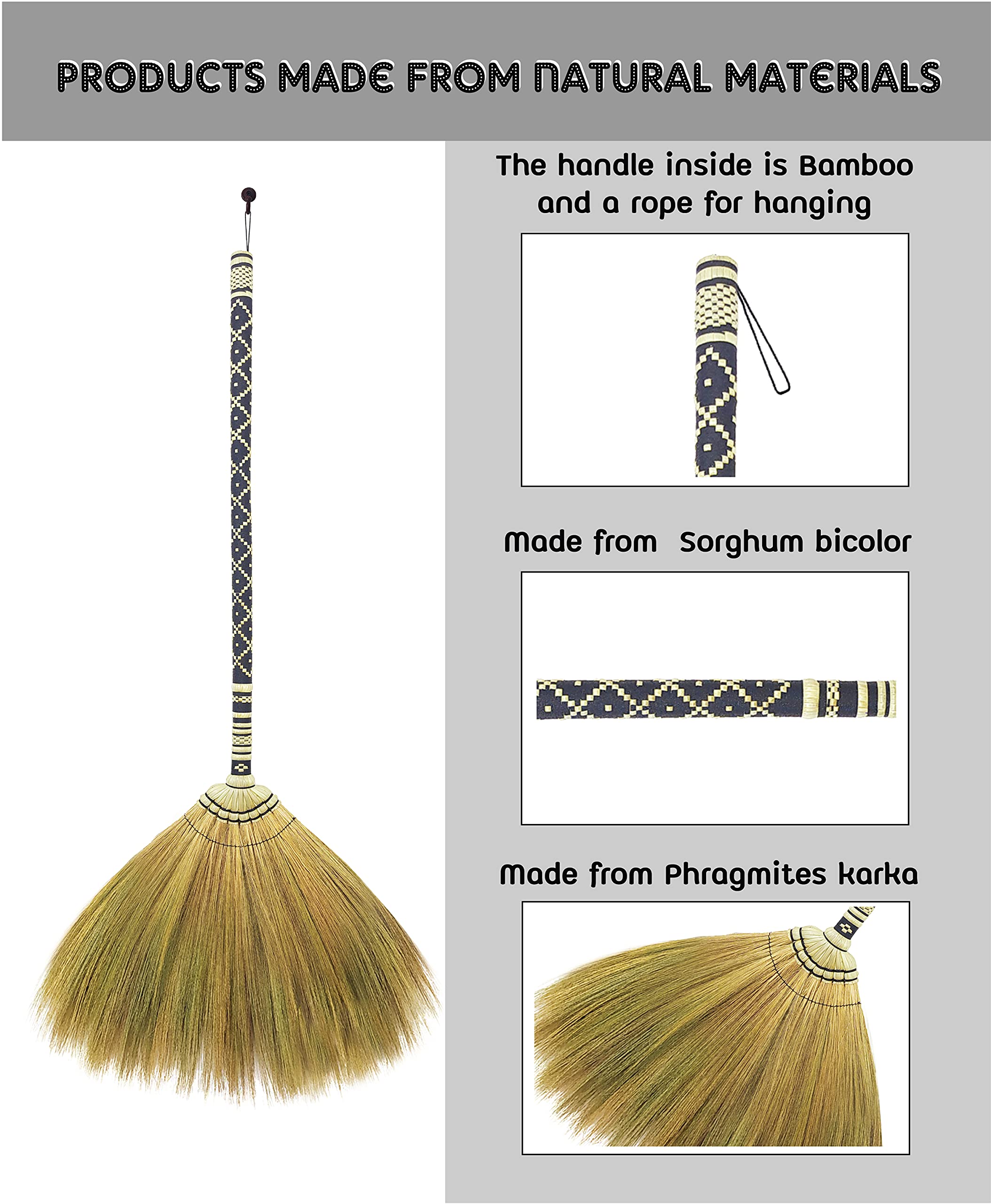 Natural Grass Thai Broom Indoor Outdoor, Vintage Retro Embroidered Woven Nylon,Handmade Broom,Housewarming Gift Witch Broom, Broomstick Bamboo Stick Handle,Kong Grass Broom,Durable Broom(Black)