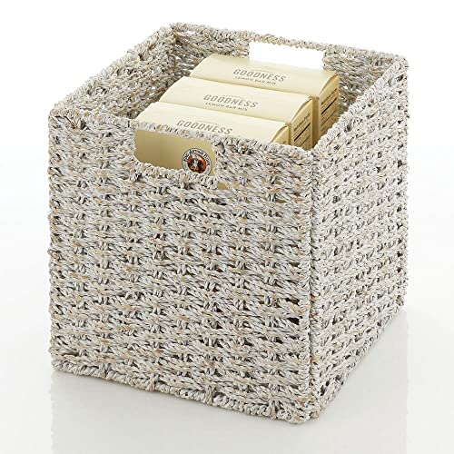 mDesign Seagrass Woven Cube Storage Bin Basket Organizer with Handles for Kitchen Pantry, Cabinet, Cupboard - Shelf and Cubby Organization, Holds Food, Drinks, Snacks, Appliances - 2 Pack - White Wash