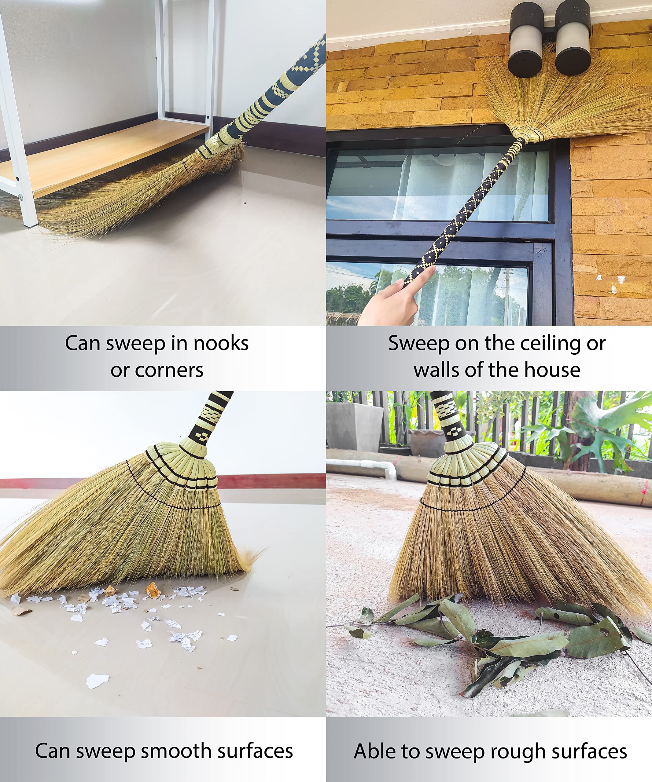 Natural Grass Thai Broom Indoor Outdoor, Vintage Retro Embroidered Woven Nylon,Handmade Broom,Housewarming Gift Witch Broom, Broomstick Bamboo Stick Handle,Kong Grass Broom,Durable Broom(Black)