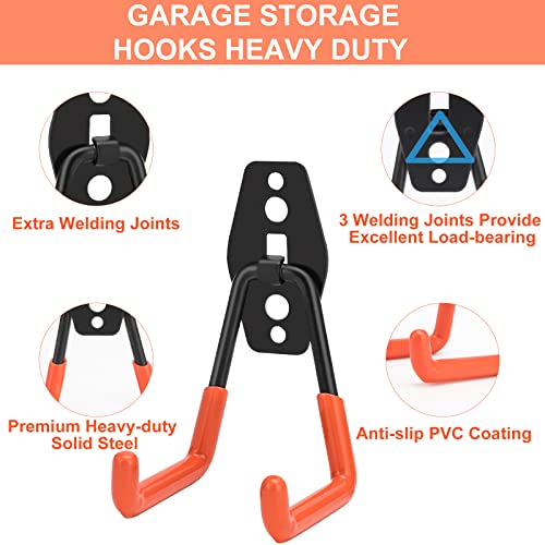 Dorisy Upgraded 16 Packs Garage Hooks Utility Double Heavy Duty with Mop Broom Holders, Wall Mount Hooks, Garage Storage Organization and Tool Hangers for Power & Garden Tools, Ladders, Bikes(Orange)