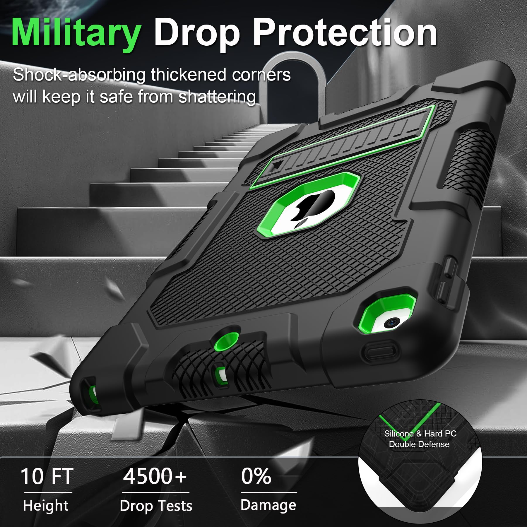 TIMISM 3-Layer Protective Case for iPad 9th/8th/7th Generation 10.2 Inch (2021-2019) | Built-in Kickstand, Military-Grade Drop Protection, Eye-Friendly Green Cover & Enhanced Grip, Black+Green