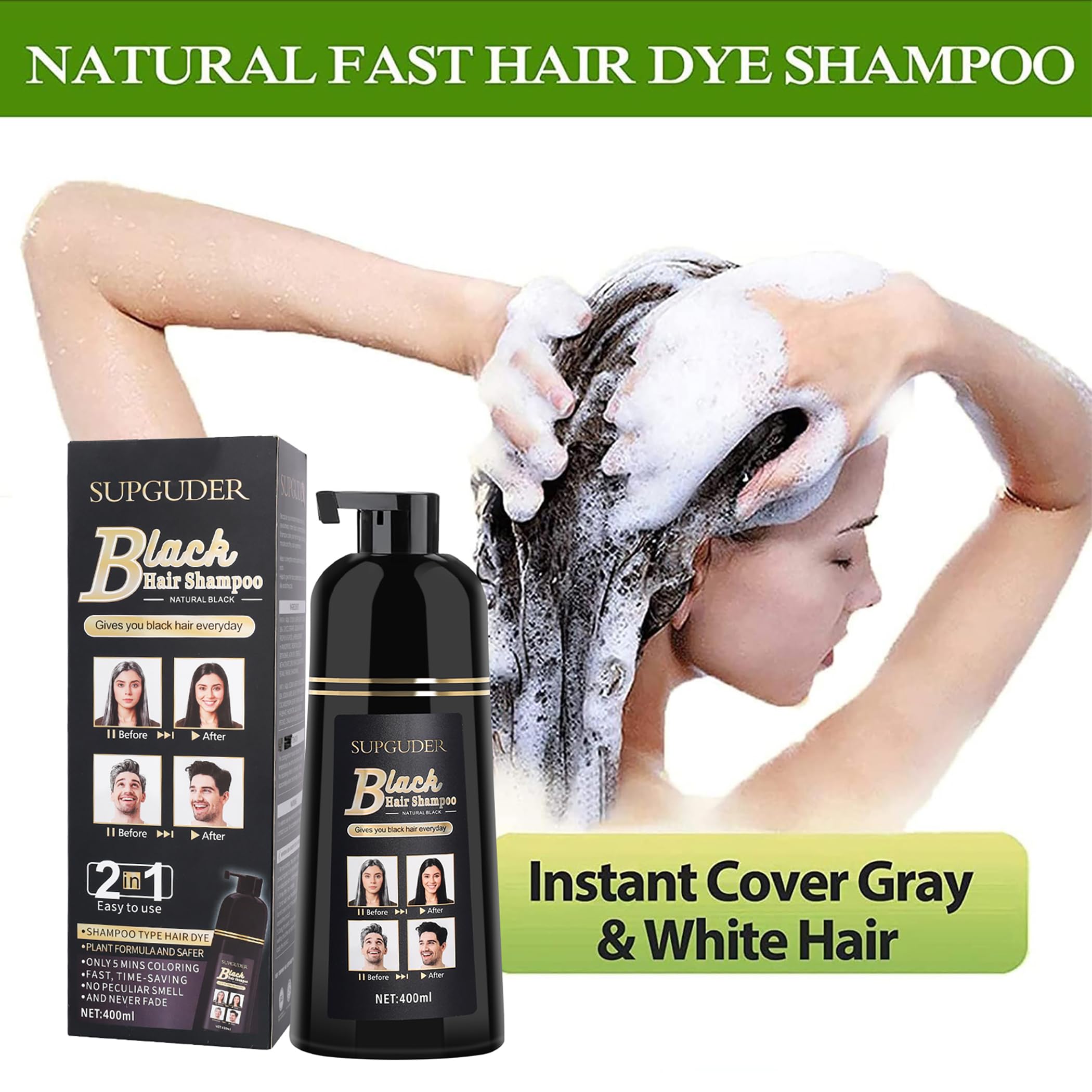 SUPGUDER 400ml Temporary Black Hair Shampoo with Natural Ingredients - Instant Color for Up to 30 Days, Simple to Use, Fast-Acting for Men and Women