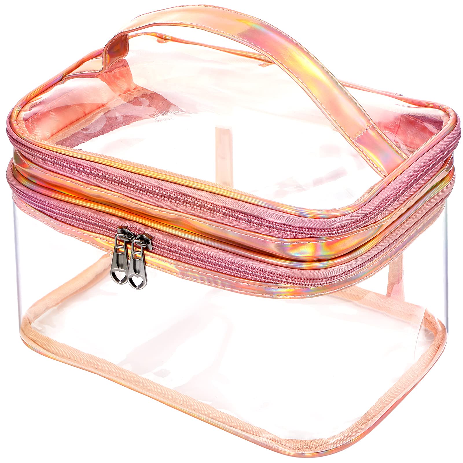 Clear Makeup Bag Toiletry Organizer Waterproof Large Makeup Bag Transparent Makeup Case Double Layer Cosmetic Bag Multi Function Travel Makeup Bag for Toiletries Makeup Travel Portable, Pink
