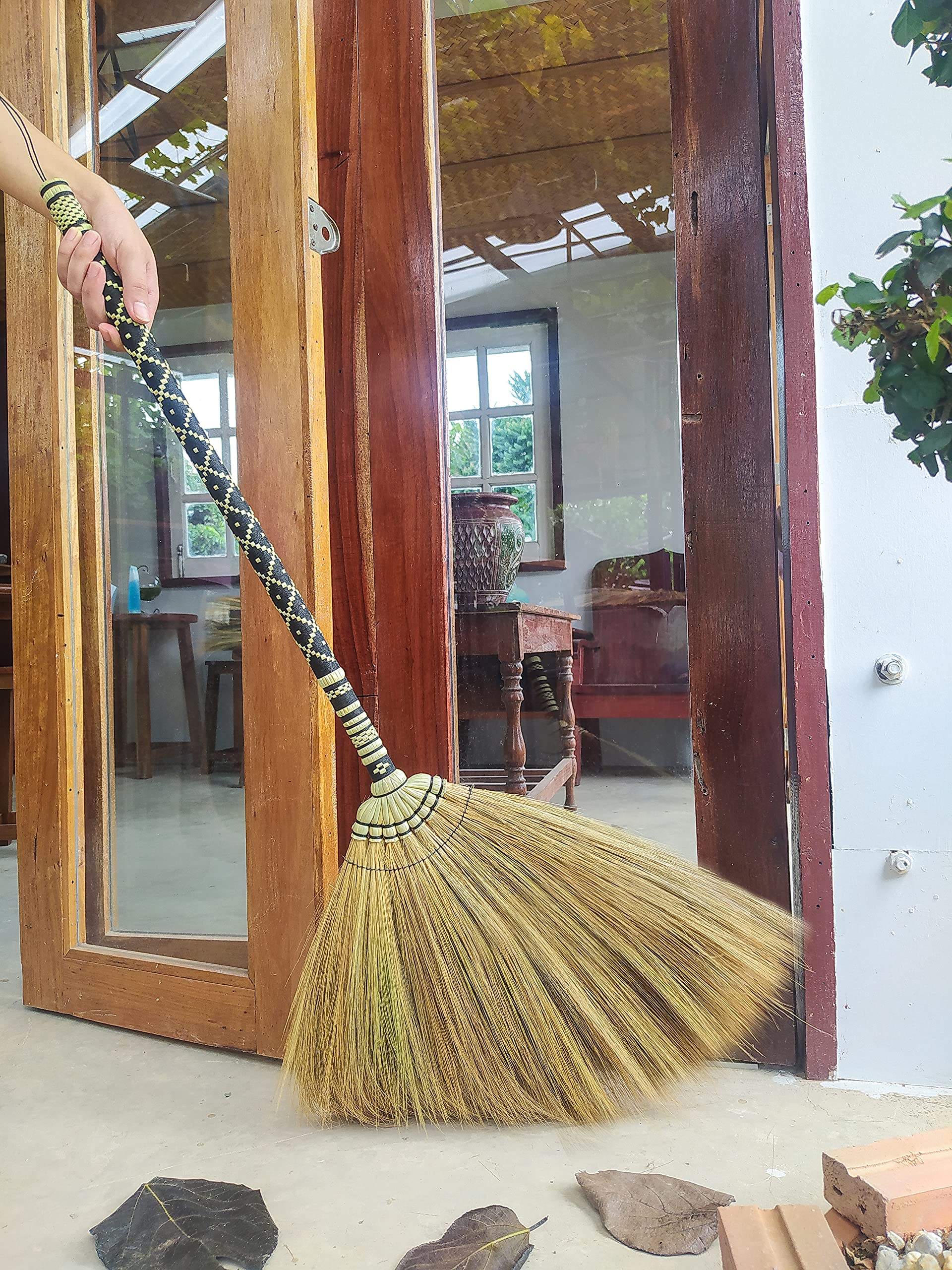 Natural Grass Thai Broom Indoor Outdoor, Vintage Retro Embroidered Woven Nylon,Handmade Broom,Housewarming Gift Witch Broom, Broomstick Bamboo Stick Handle,Kong Grass Broom,Durable Broom(Black)
