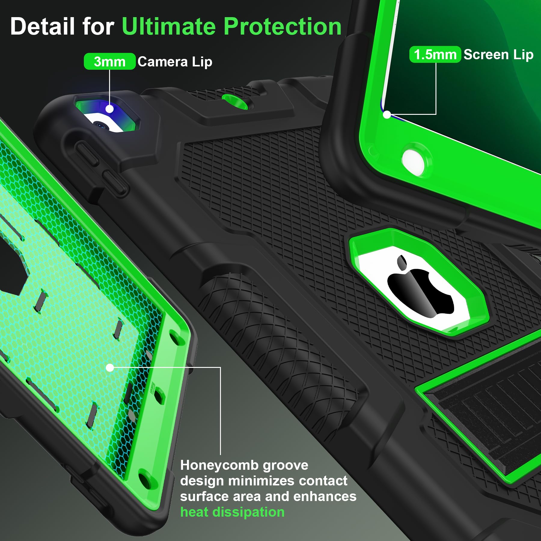 TIMISM 3-Layer Protective Case for iPad 9th/8th/7th Generation 10.2 Inch (2021-2019) | Built-in Kickstand, Military-Grade Drop Protection, Eye-Friendly Green Cover & Enhanced Grip, Black+Green