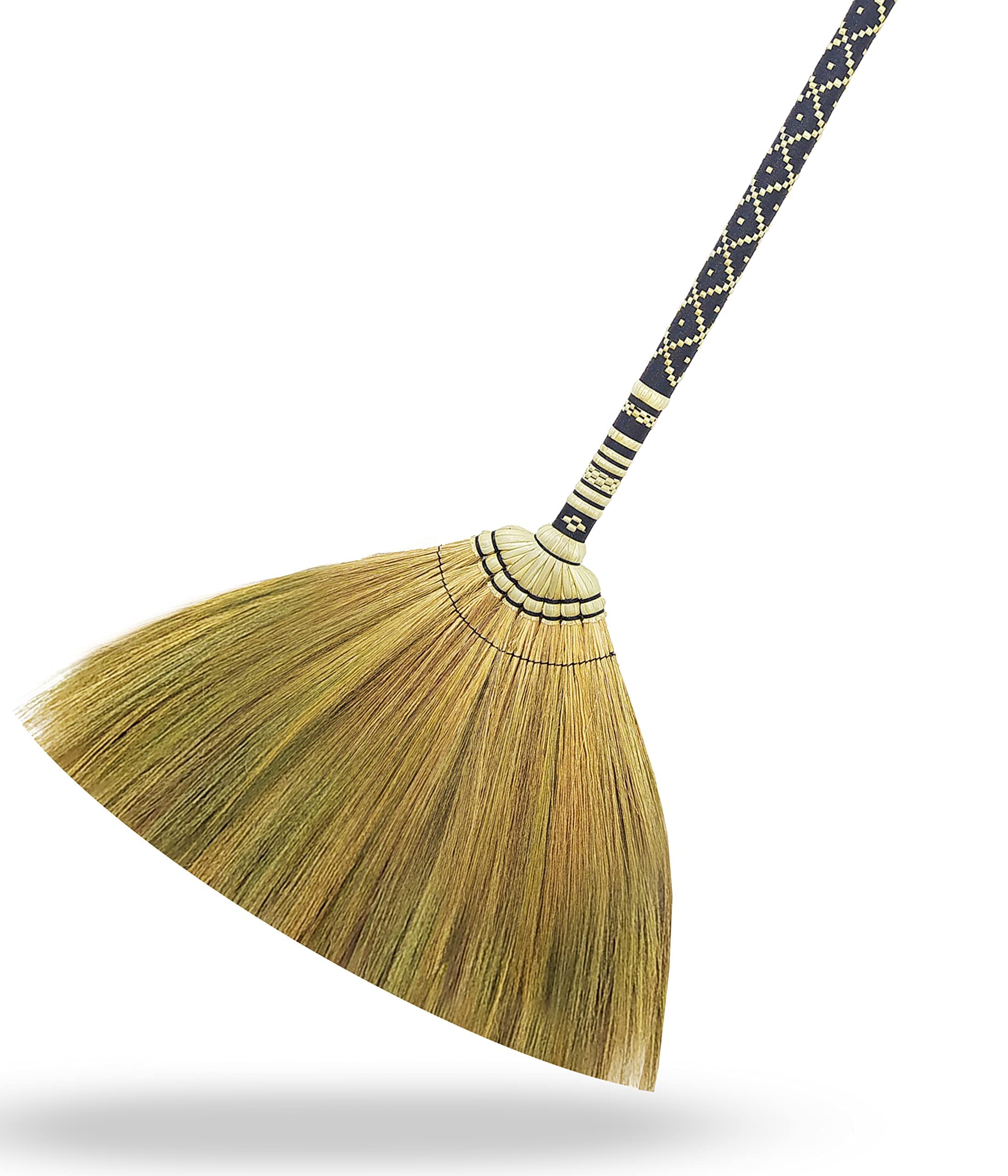 Natural Grass Thai Broom Indoor Outdoor, Vintage Retro Embroidered Woven Nylon,Handmade Broom,Housewarming Gift Witch Broom, Broomstick Bamboo Stick Handle,Kong Grass Broom,Durable Broom(Black)