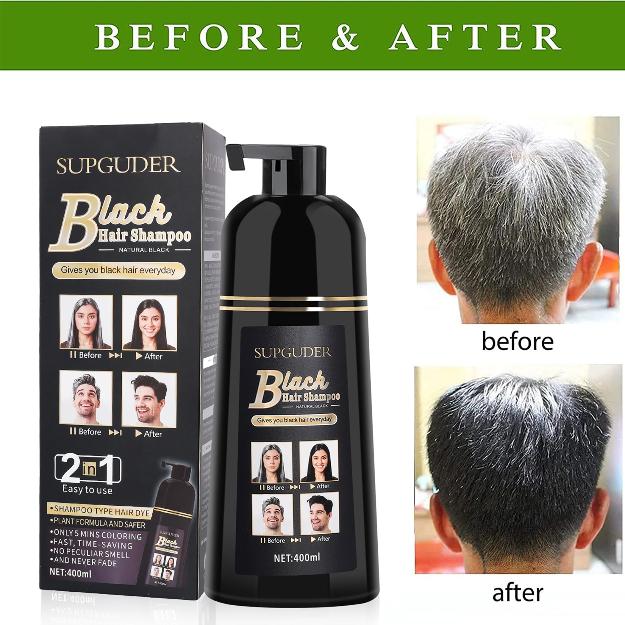 SUPGUDER 400ml Temporary Black Hair Shampoo with Natural Ingredients - Instant Color for Up to 30 Days, Simple to Use, Fast-Acting for Men and Women