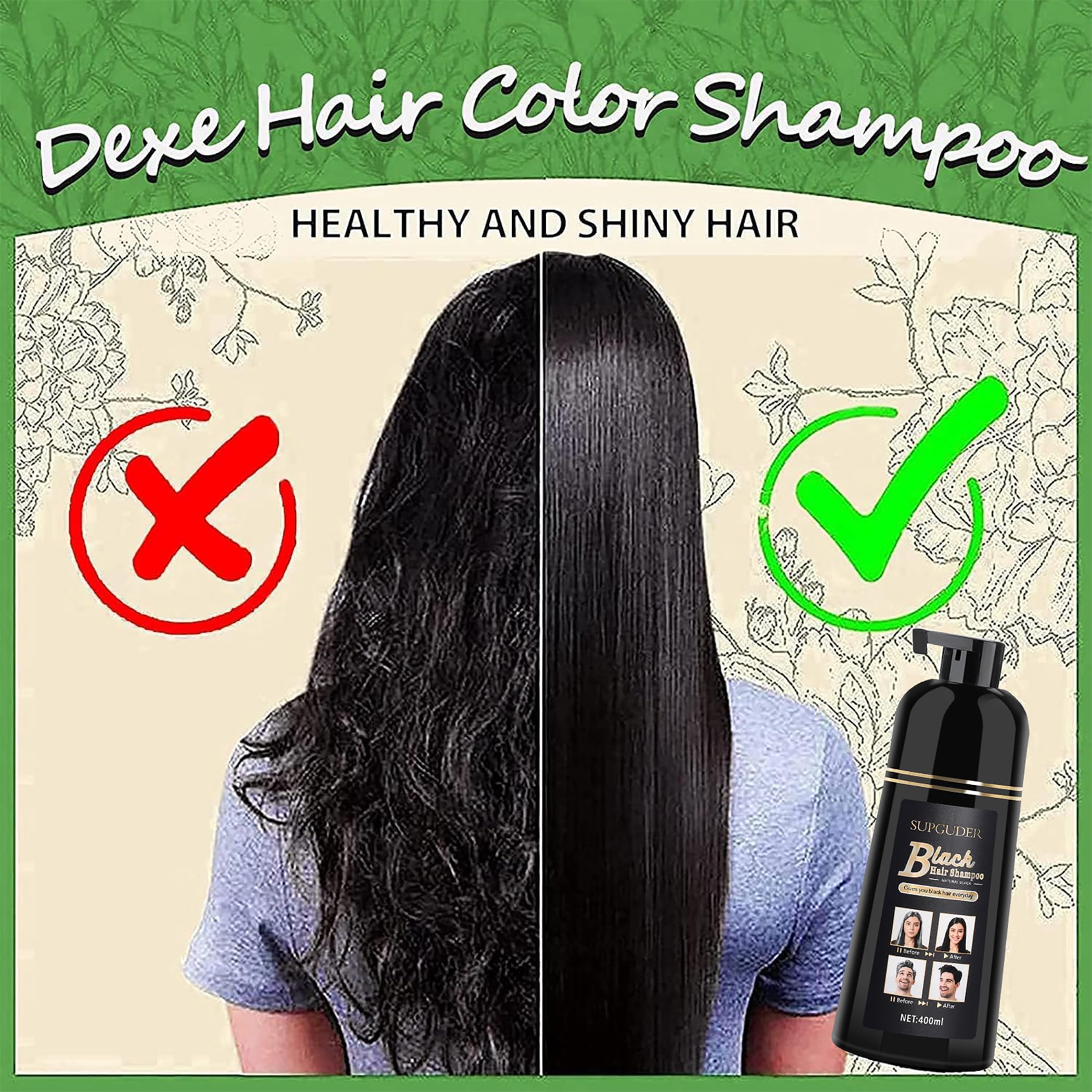 SUPGUDER 400ml Temporary Black Hair Shampoo with Natural Ingredients - Instant Color for Up to 30 Days, Simple to Use, Fast-Acting for Men and Women