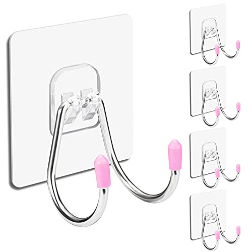 CGBE Adhesive Hooks, 5PCS Wall Hooks for Hanging Heavy Duty 13LB Clear Seamless Dual Head Self Sticky Hooks, Waterproof and OilProof Large Removable Hooks for Kitchen Bathroom Shower Use