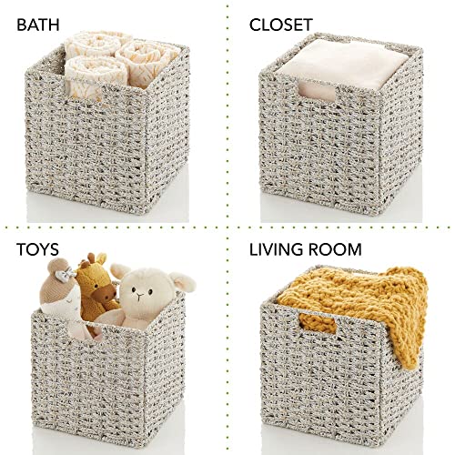 mDesign Seagrass Woven Cube Storage Bin Basket Organizer with Handles for Kitchen Pantry, Cabinet, Cupboard - Shelf and Cubby Organization, Holds Food, Drinks, Snacks, Appliances - 2 Pack - White Wash