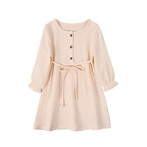 IZYJOY Toddler Baby Girl Cotton Linen Dress Long Sleeve Crew Neck Dresses Button Down Adjustable Belt Casual Fall White Dress (Beige, 4-5T)