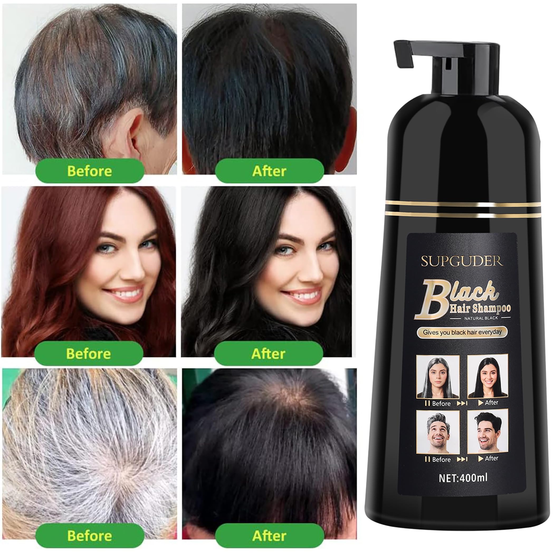 SUPGUDER 400ml Temporary Black Hair Shampoo with Natural Ingredients - Instant Color for Up to 30 Days, Simple to Use, Fast-Acting for Men and Women
