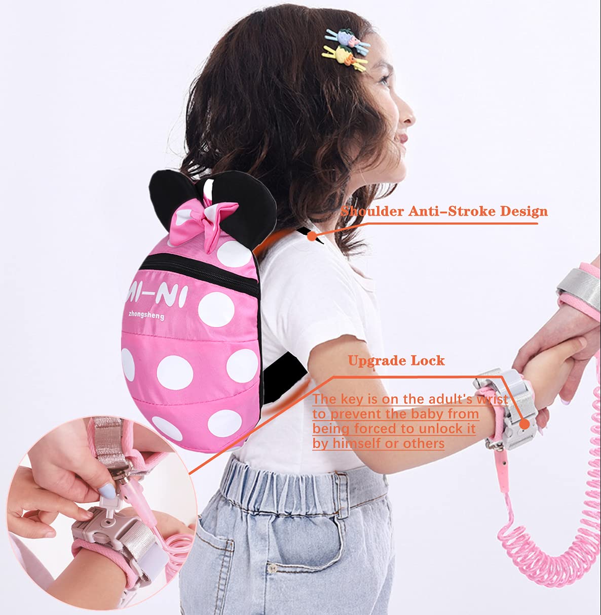 CZSYZCZS Toddlers Leash + Anti Lost Wrist Link Child Kids Safety Harness Kids Walking Wristband Assistant Strap Belt (pink)