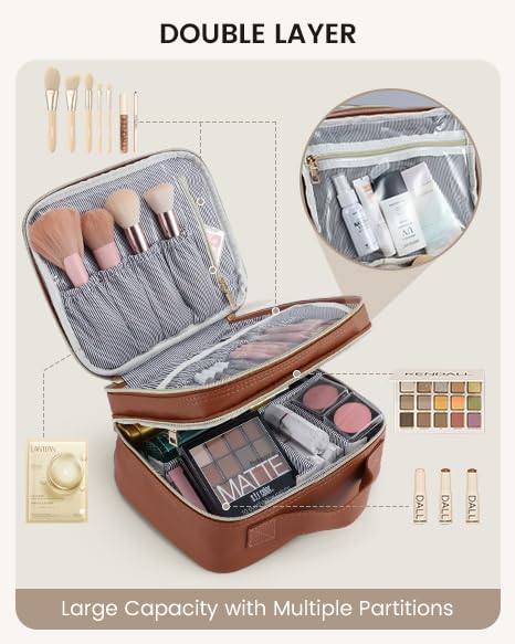 Stagiant Large Makeup Bag, Double Layer Makeup Case with Dividers Makeup Organizer Bag Cosmetic Train Case for Travel Makeup Brushes Palettes Sponge Toiletries, Vintage Brown