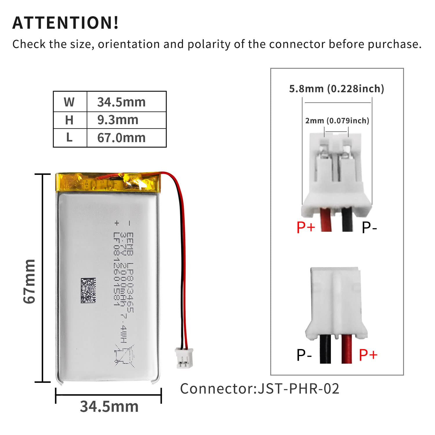 EEMB Lithium Polymer Battery 3.7V 2000mAh 803465 Lipo Rechargeable Battery Pack with Wire JST Connector for Speaker and Wireless Device- Confirm Device & Connector Polarity Before Purchase