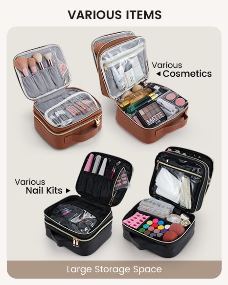 Stagiant Large Makeup Bag, Double Layer Makeup Case with Dividers Makeup Organizer Bag Cosmetic Train Case for Travel Makeup Brushes Palettes Sponge Toiletries, Vintage Brown