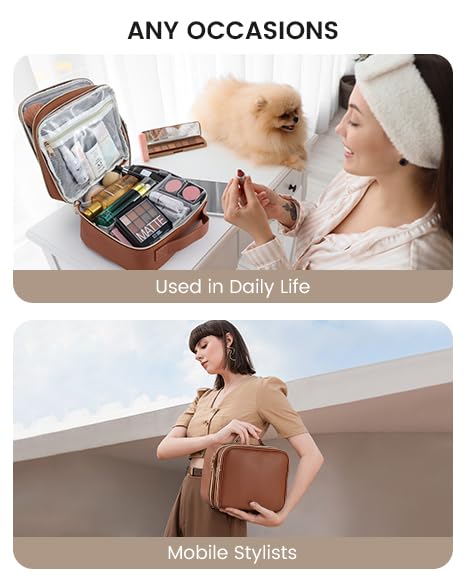 Stagiant Large Makeup Bag, Double Layer Makeup Case with Dividers Makeup Organizer Bag Cosmetic Train Case for Travel Makeup Brushes Palettes Sponge Toiletries, Vintage Brown