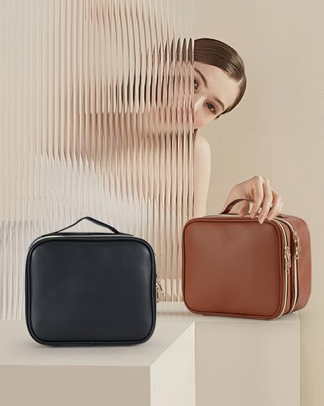 Stagiant Large Makeup Bag, Double Layer Makeup Case with Dividers Makeup Organizer Bag Cosmetic Train Case for Travel Makeup Brushes Palettes Sponge Toiletries, Vintage Brown