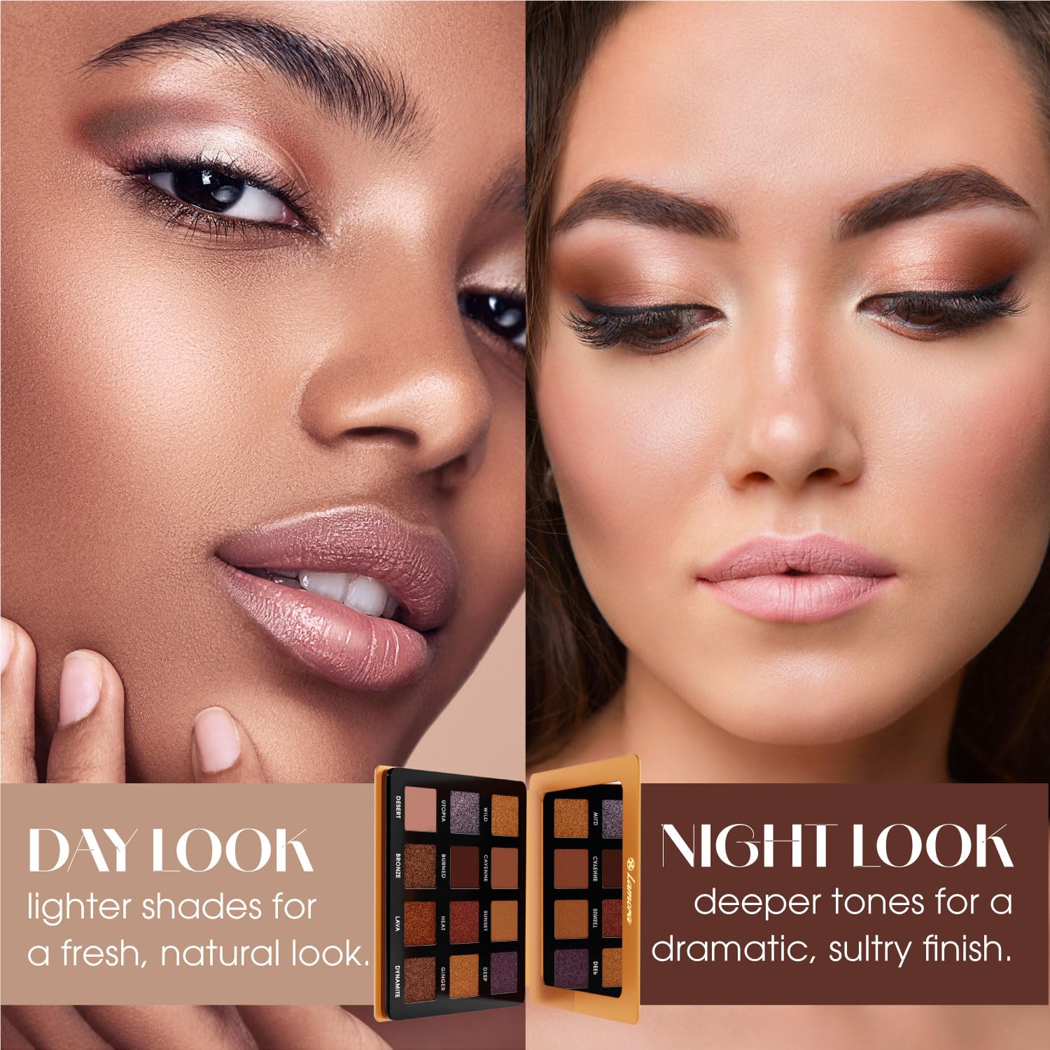 Lamora Nude Bronze Eyeshadow Palette - 12 Warm Brown Highly Pigmented Shimmer & Matte Shades - Travel Size Makeup Palette with Mirror