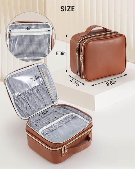 Stagiant Large Makeup Bag, Double Layer Makeup Case with Dividers Makeup Organizer Bag Cosmetic Train Case for Travel Makeup Brushes Palettes Sponge Toiletries, Vintage Brown