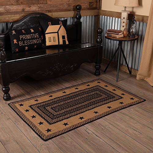 VHC Brands Farmhouse Jute Stencil Stars Border Rectangular Rug 36x60 Country Braided Flooring, Country Black and Tan