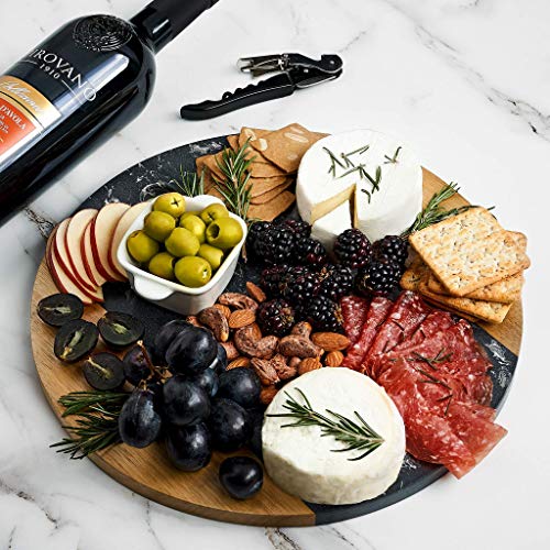 12inch Marble Cheese Board with Acacia Wood Accent - Charcuterie Board for Two - Round Marble and Wood Cheese Board - Marble Cutting Board
