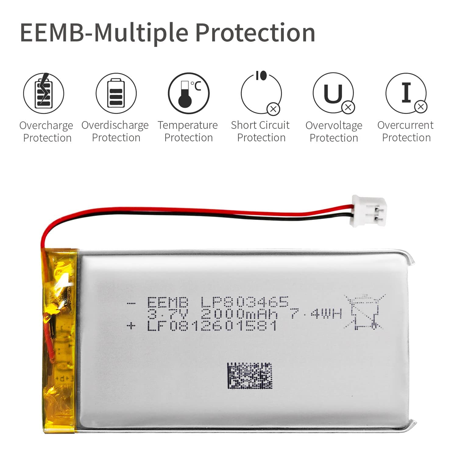 EEMB Lithium Polymer Battery 3.7V 2000mAh 803465 Lipo Rechargeable Battery Pack with Wire JST Connector for Speaker and Wireless Device- Confirm Device & Connector Polarity Before Purchase