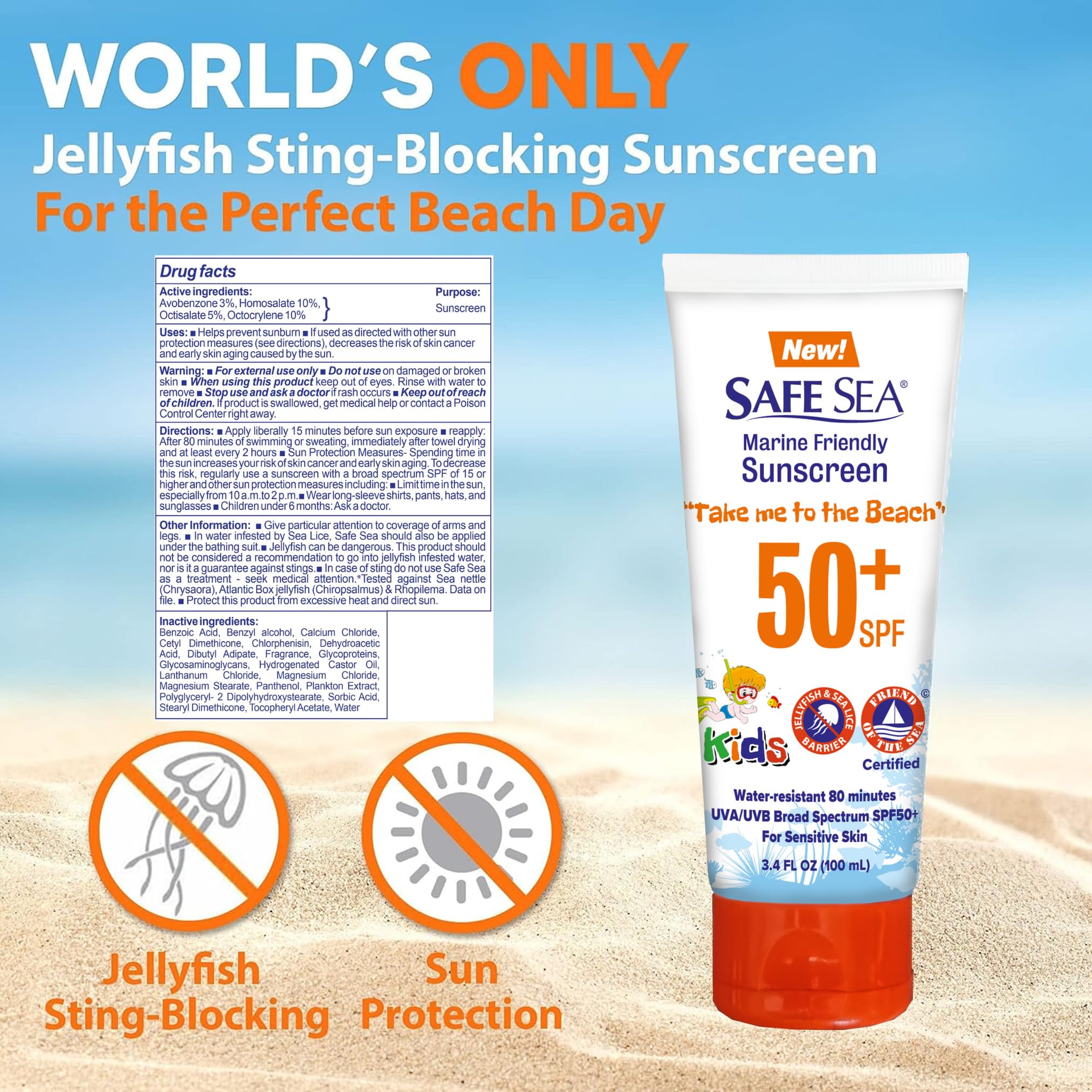 Safe Sea SPF50+ Kids Sunscreen | Travel Size 3.4 oz. | For sensitive skin | anti-jellyfish and Sea Lice sting protective lotion | Coral reef safe sunscreen