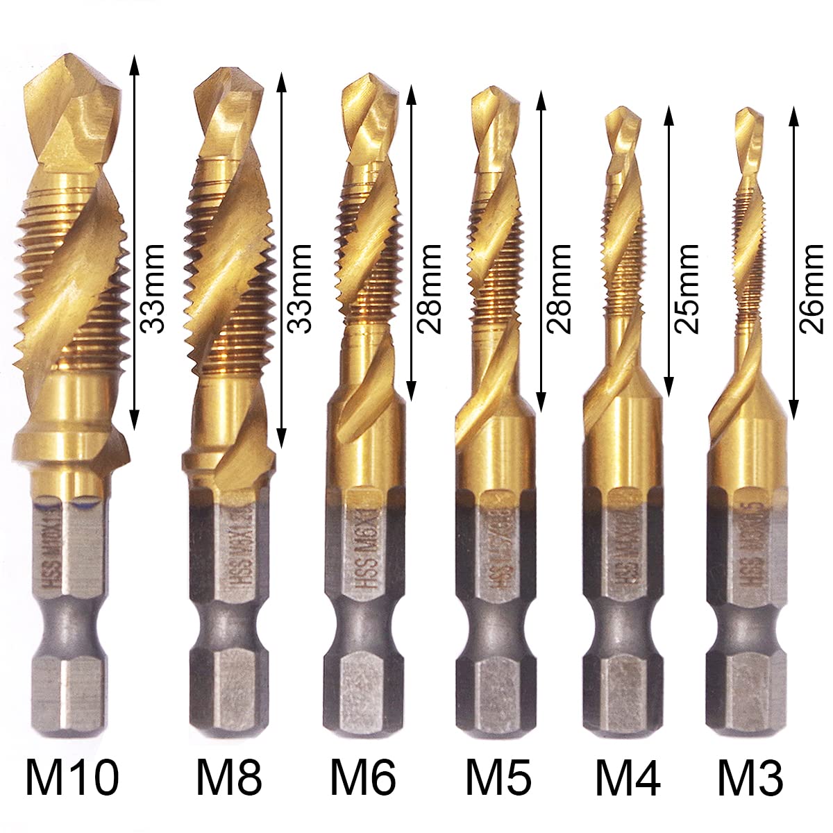 Wolfride 6PCS Tapping Drill Bit Set Metric Drill Tap Combination Bit Set M3 M4 M5 M6 M8 M10 Spiral Tap Drill Bit