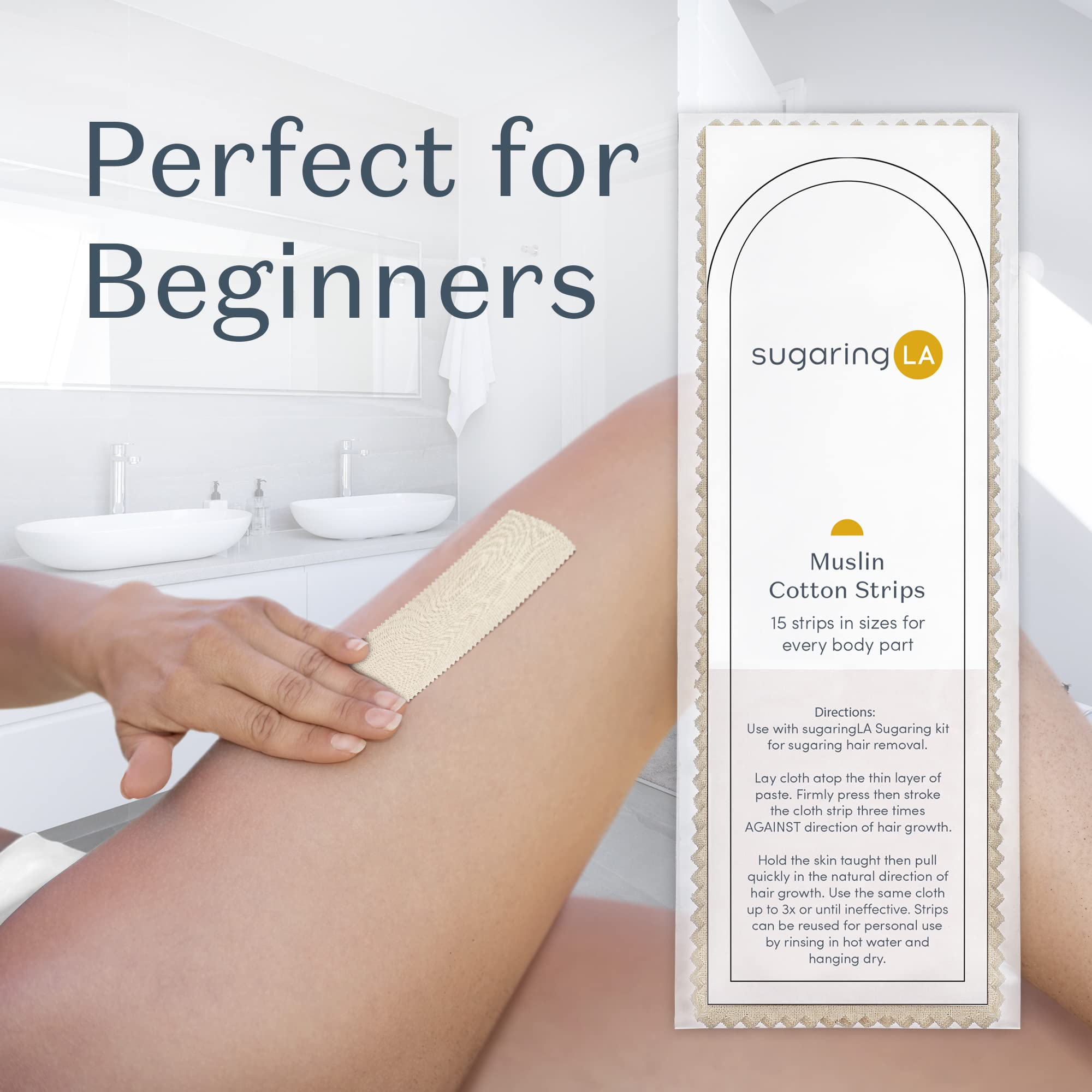 sugaringLA Muslin Cotton Sugaring Strips - Pre-cut Cloth Strips for Hair Removal - Body and Facial Hair Remover - Reusable, Multi Size (15 Pieces)