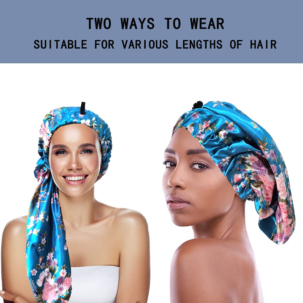 2PCS Braid Bonnet for Black Women Long Satin Hair Bonnet for Sleeping Single Layer Foldable Sleep Cap with Button Teal + Rose Flower