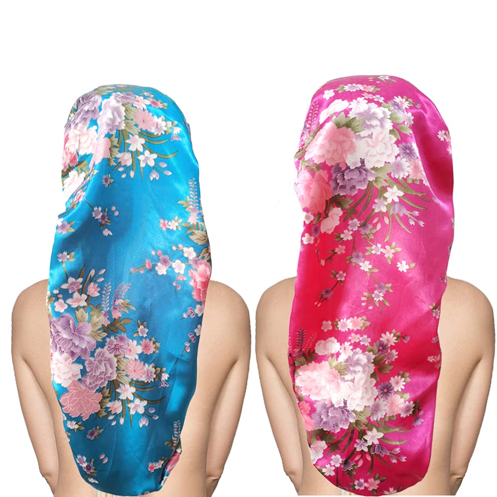 2PCS Braid Bonnet for Black Women Long Satin Hair Bonnet for Sleeping Single Layer Foldable Sleep Cap with Button Teal + Rose Flower