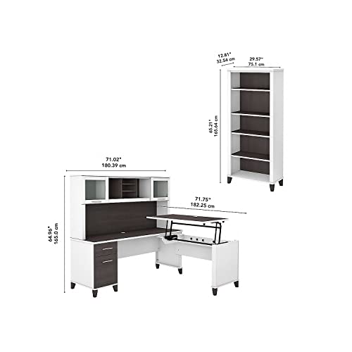 Bush Furniture Somerset 72W 3 Position Sit to Stand L Shaped Desk with Hutch and Bookcase in White and Storm Gray