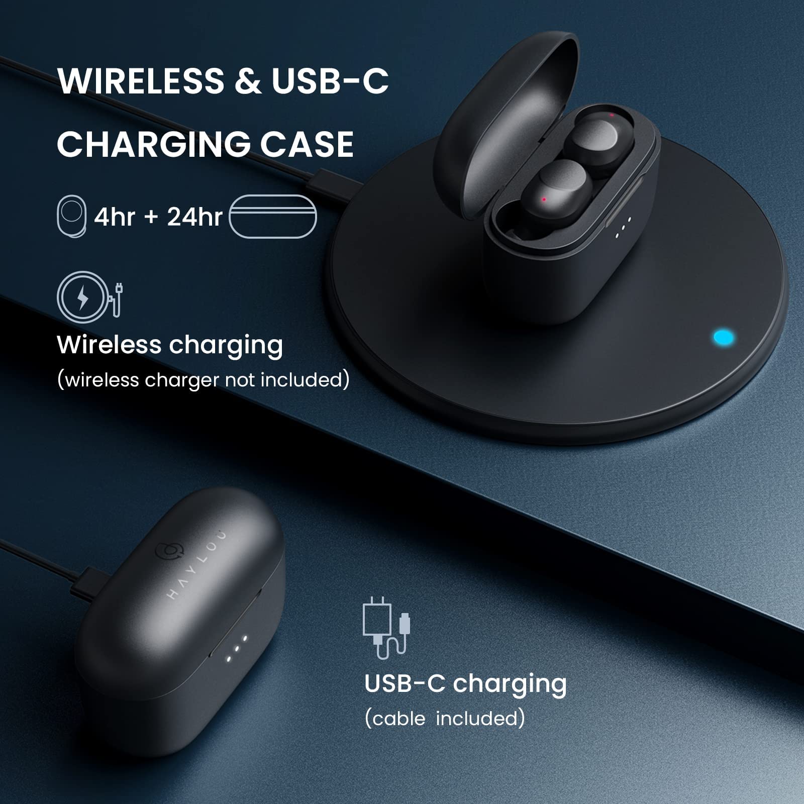HAYLOU GT5 True Wireless Earbuds, Bluetooth Headphones with Wireless Charging Case and Mic for iPhone Android, Low-Lantecy Game Mode, Clear Sound, in-Ear Stereo Earphones for Work/Home (Black)