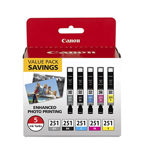 Canon CLI-251 BK/C/M/Y/GY 5 Color Value Pack Compatible to MG7520, MG5620, MG6620 & PGI-250XL High-Yield Black Ink Tank