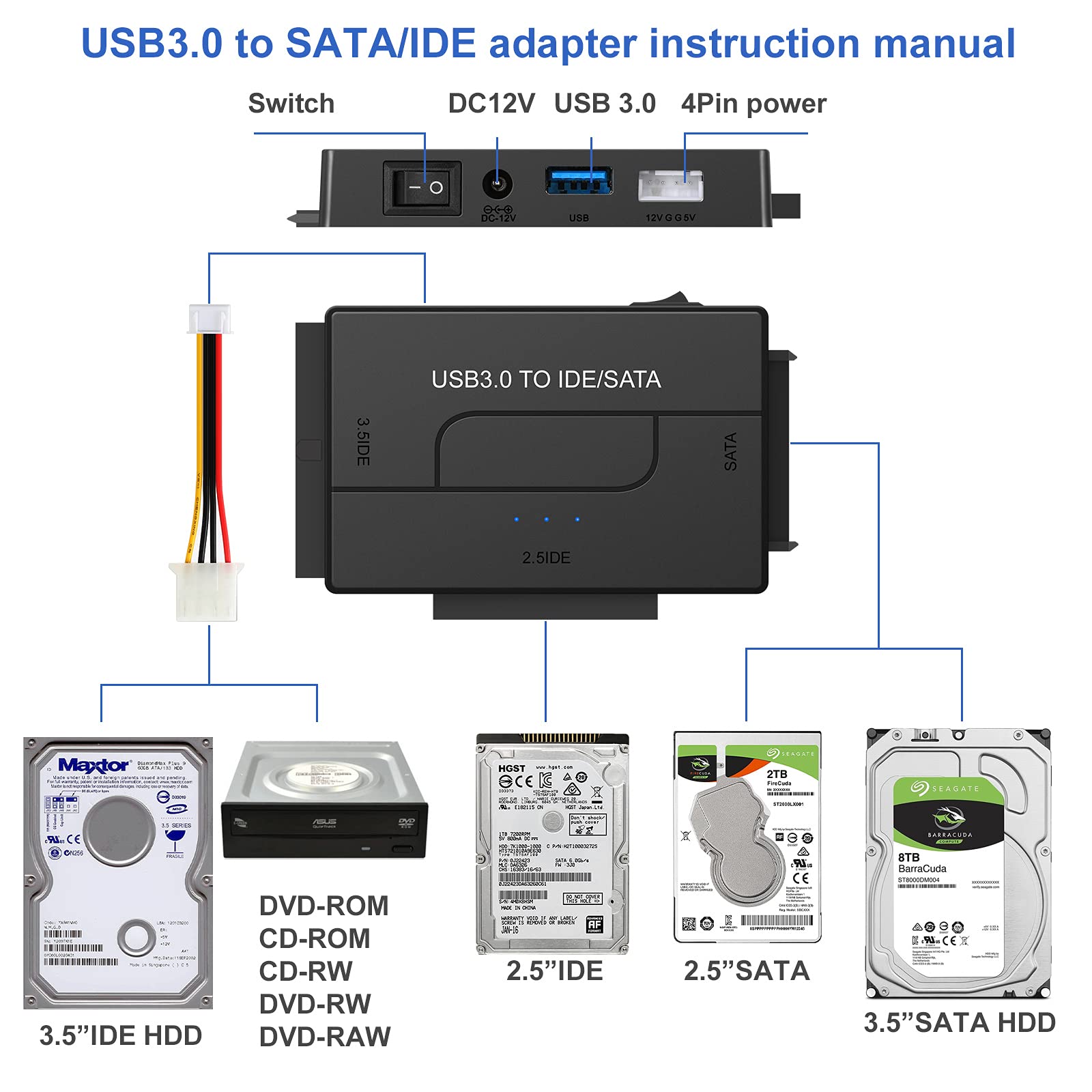 USB 3.0 to SATA IDE Hard Drive Reader, YINNCEEN External Hard Drive Ultra Recovery Converter Universal Hard Drive Adapter Kit for 2.5/3.5 HDD/SSD Hard Drive Disk, Include 12V/2A Power Adapter