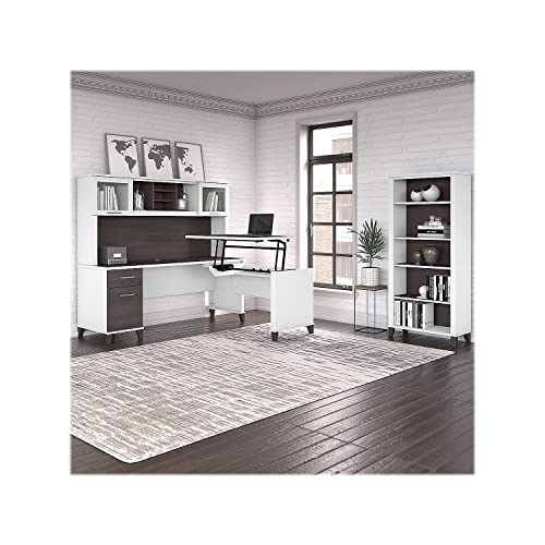 Bush Furniture Somerset 72W 3 Position Sit to Stand L Shaped Desk with Hutch and Bookcase in White and Storm Gray