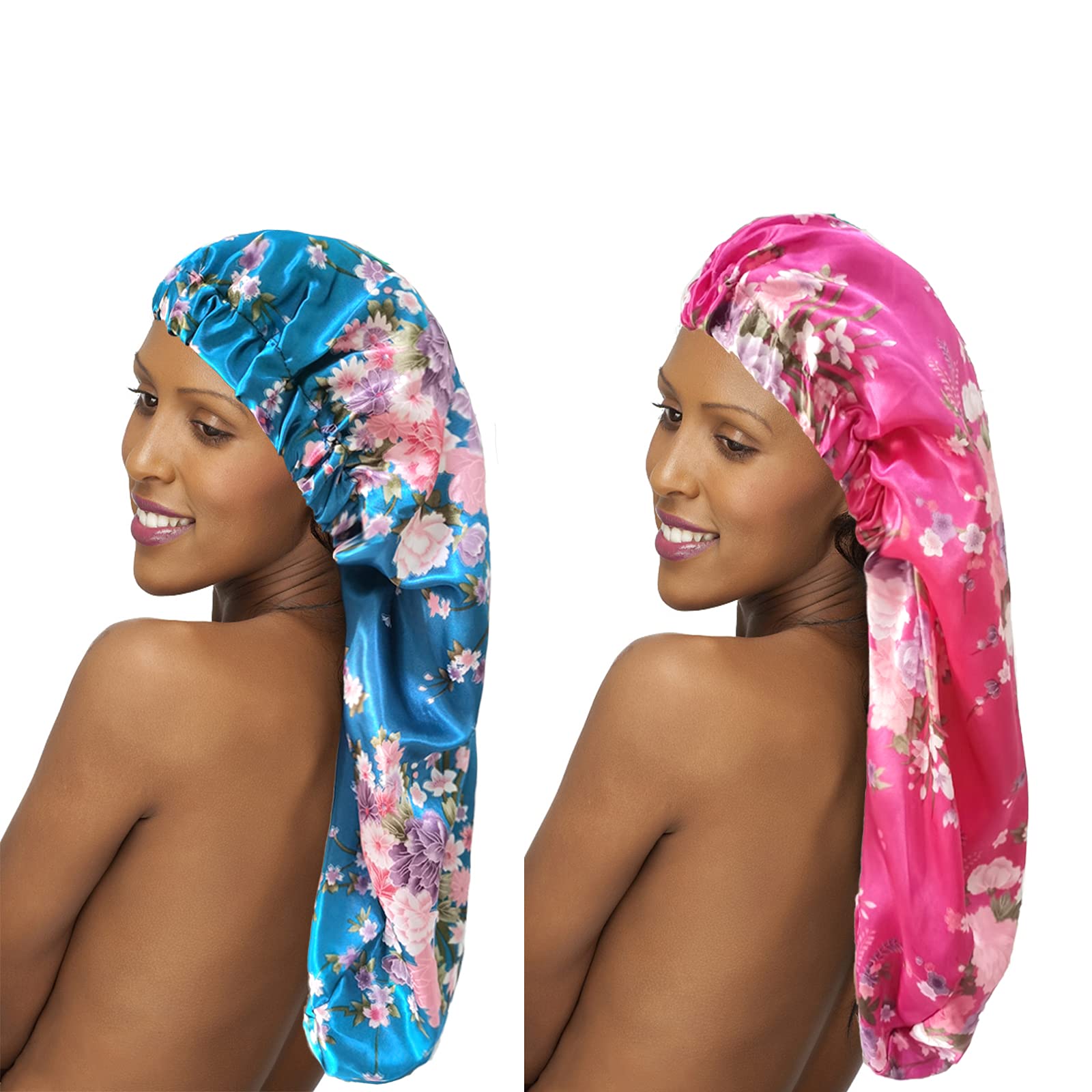 2PCS Braid Bonnet for Black Women Long Satin Hair Bonnet for Sleeping Single Layer Foldable Sleep Cap with Button Teal + Rose Flower